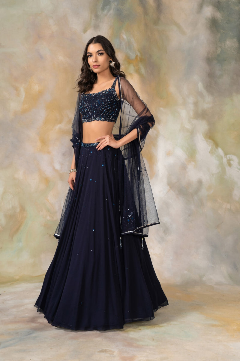 Midnight Blue Sequin And Swarovski Embellished Lehenga Set – Pooja Peshoria