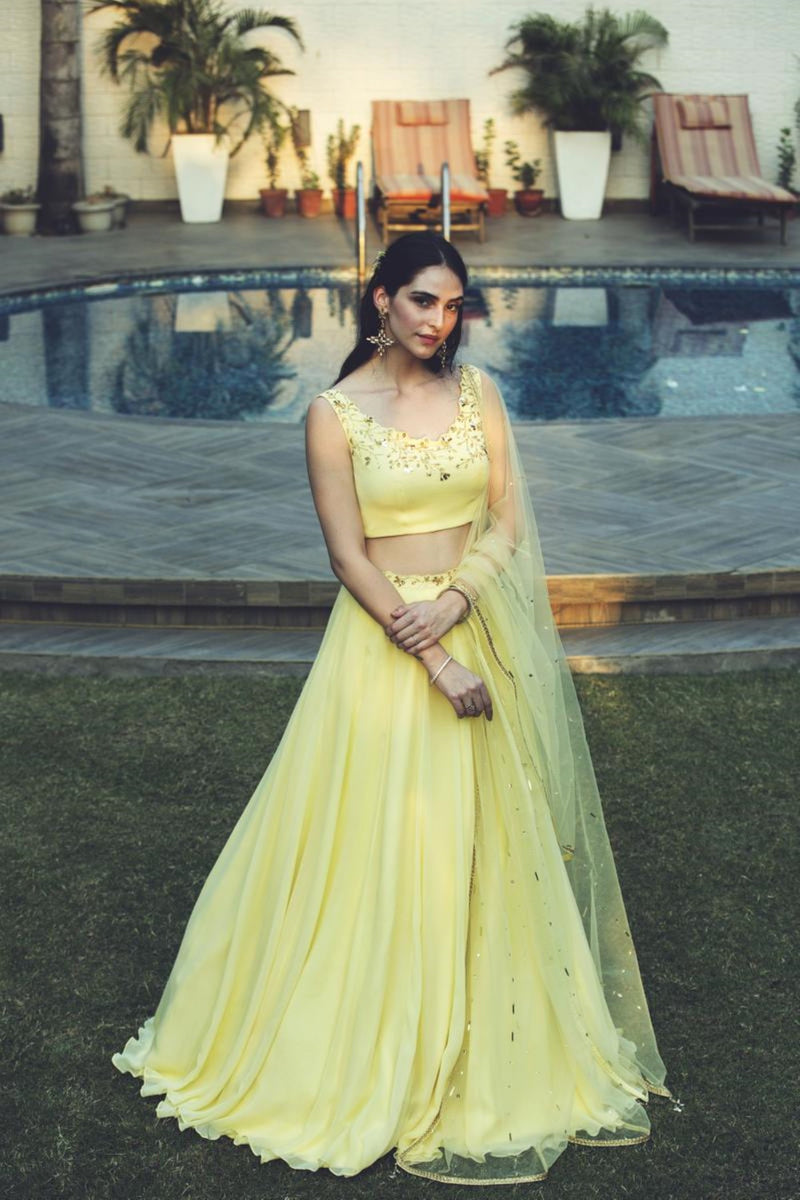 Lemon Yellow Floral And Texture Embroidery Lehenga Set – Pooja Peshoria